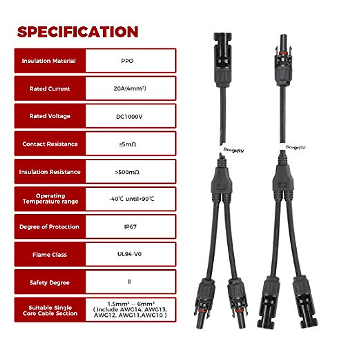 BougeRV 20Ft 10AWG Solar Extension Cable and 1 Pair of Solar Y Branch Parallel Connectors, Included Extra Free Pair of Connectors, 20Ft Solar Extension Cable Connector Kit Made of Pure Copper