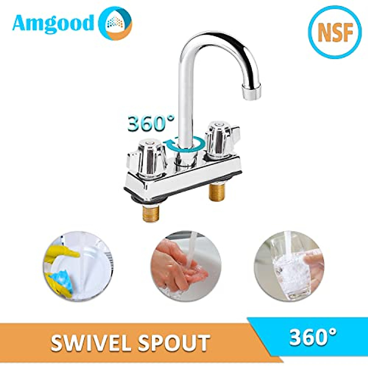 AmGood Deck Mount Kitchen Sink Gooseneck Faucet | 6" Swivel Spout | 4" Center | NSF | Commercial Kitchen Utility Laundry