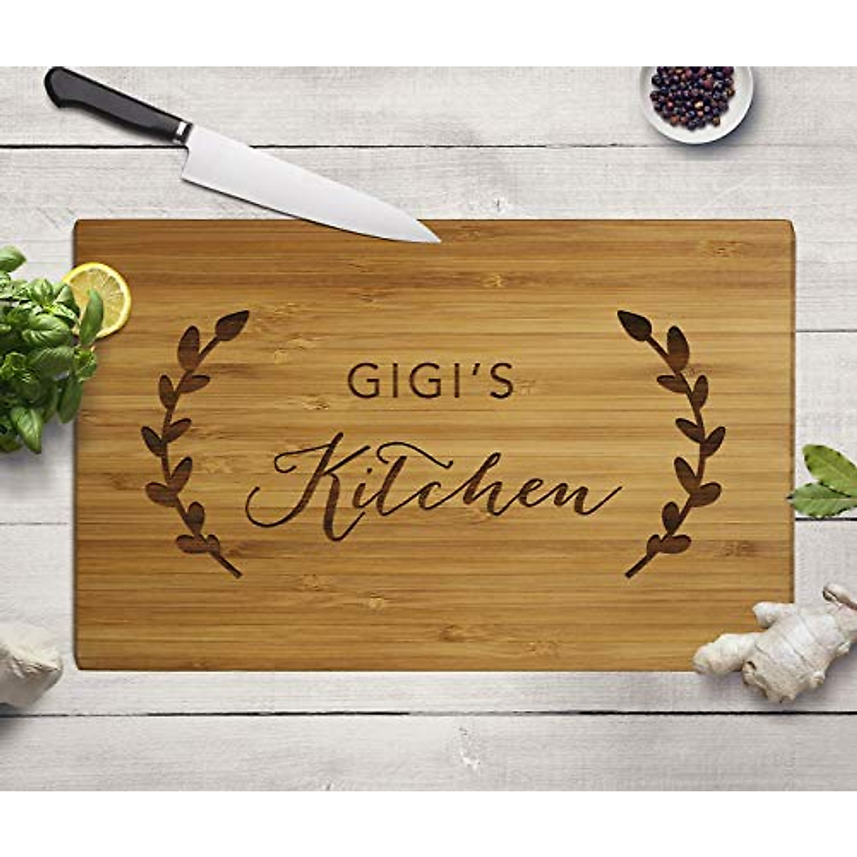 Andaz Press Large Bamboo Wood Cutting Board Gift for Mother's Day, 17.75 x 11-inch, Rustic Laurels, Gigi's Kitchen, 1-Pack, Laser Engraved Serving Chopping Board Christmas Birthday Chef Kitchen Ideas