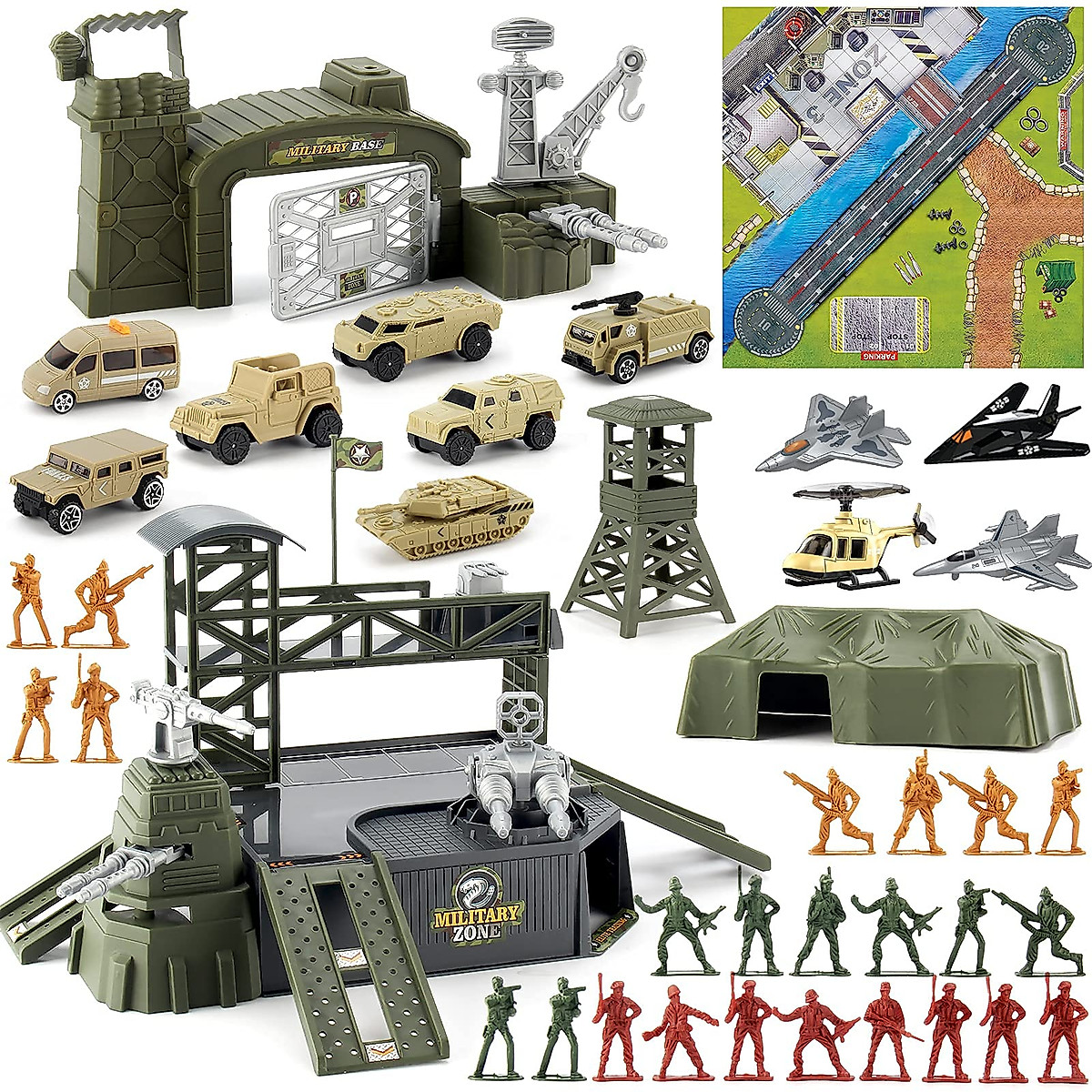 LOVE LIFE 62 Pieces Military Base Set Army Men Toy Mini Action Figures Playset with Vehicles,Soldiers and Play Map Birthday Gifts for 3 4 5 6 7 8 Year Old Boys Girls Kids