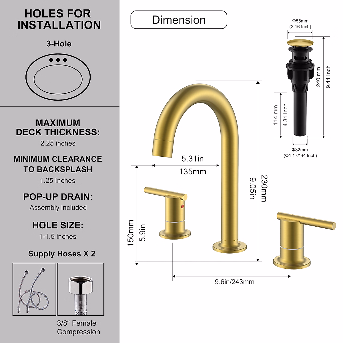 KENES Brushed Gold Two Handle 8 Inch Widespread Bathroom Sink Faucet, Gold High Arc Lavatory Vanity Sink Faucet 3 Hole with Pop Up Drain & Water Supply Hoses LJ-9018-4