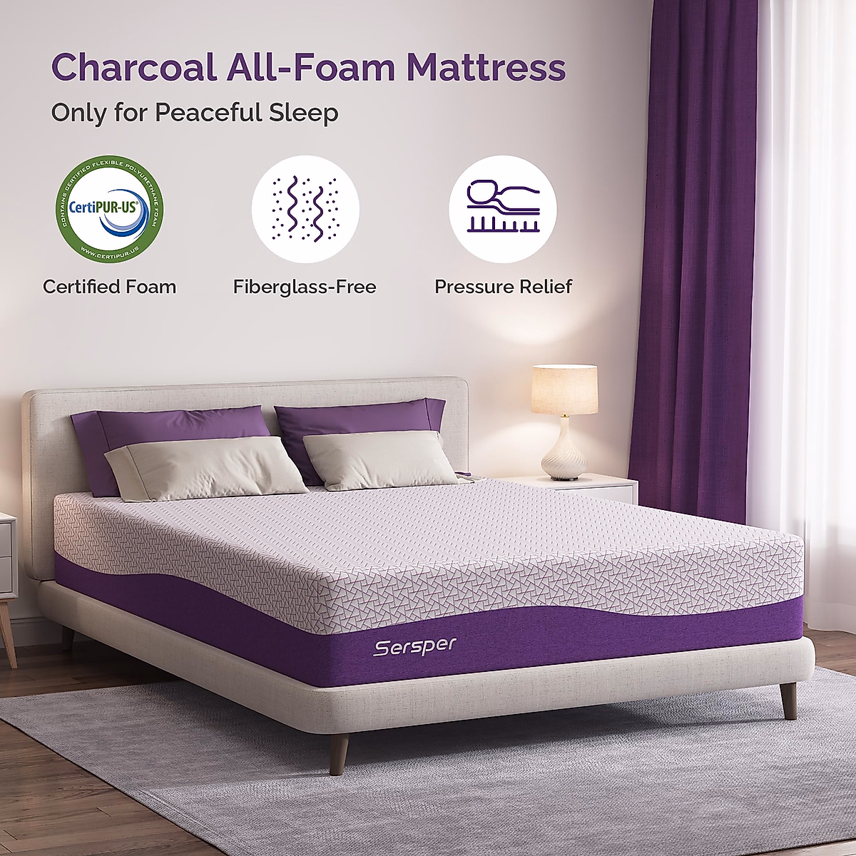 Sersper King Mattress 12 inch - Bamboo Charcoal Memory Foam Mattress for Cool Sleep & Pressure Relief - Fiberglass Free - CertiPUR-US Certified - Medium Firm