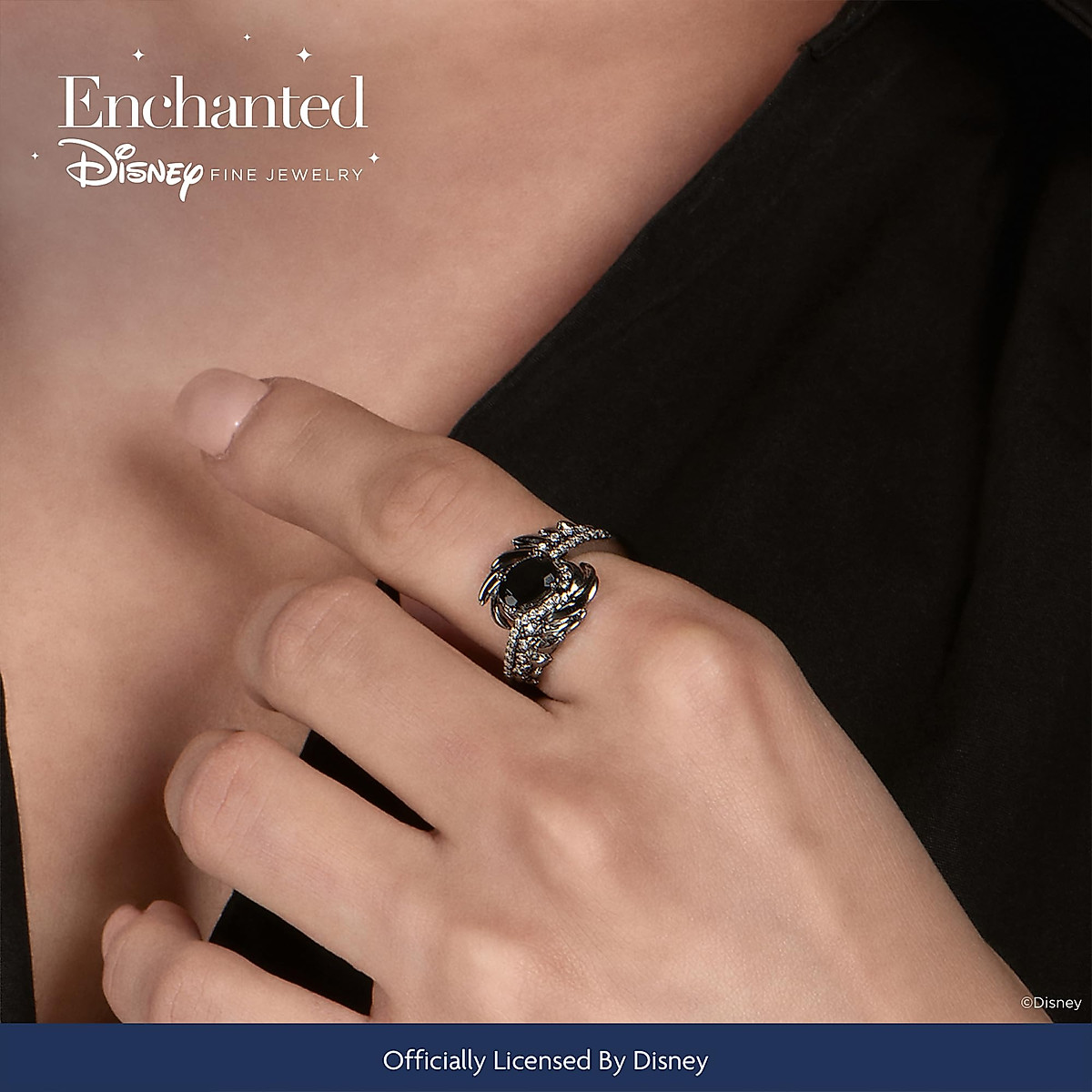 Jewelili Enchanted Disney Fine Jewelry Sterling Silver with Black Rhodium 1/6 Cttw Diamonds and Onyx Maleficent Wings Ring size 9