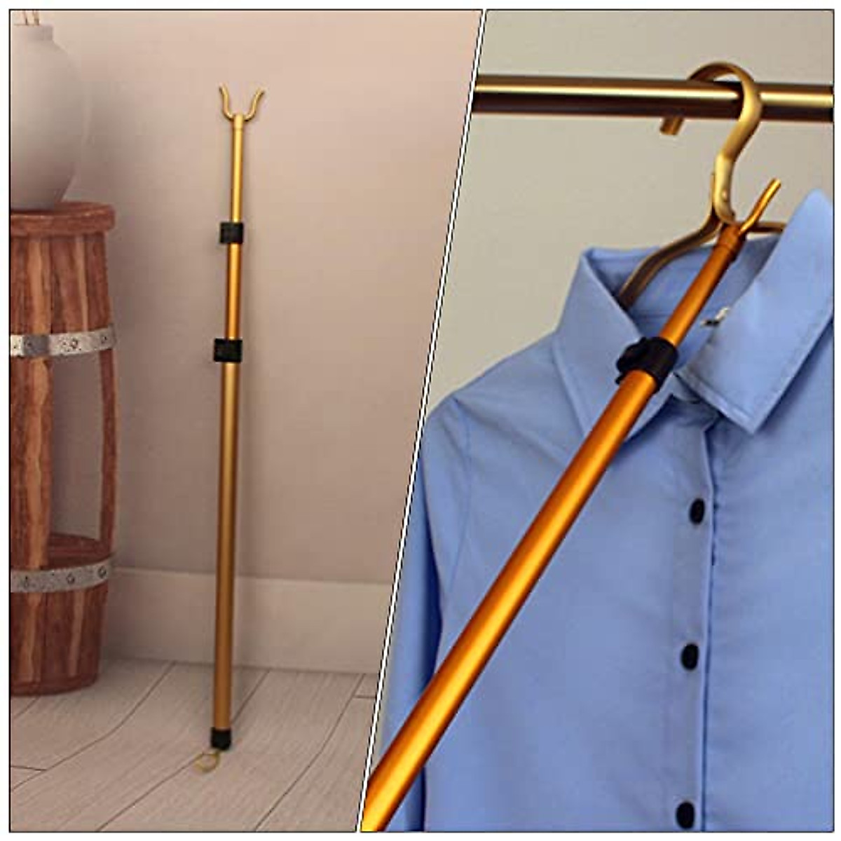 DOITOOL Long Reach Hook 49.1 inch Extended Closet Pole with Utility Hook, Retractable Long Reach Stick Closet Pole Telescoping Long Pole for Clothes, Shutter, Closet, Curtain, Shelf, Ceiling ( Gold )