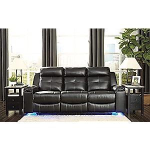 Signature Design by Ashley Kempten Faux Leather Manual Reclining Sofa with High Back and Blue LED Lighting, Black