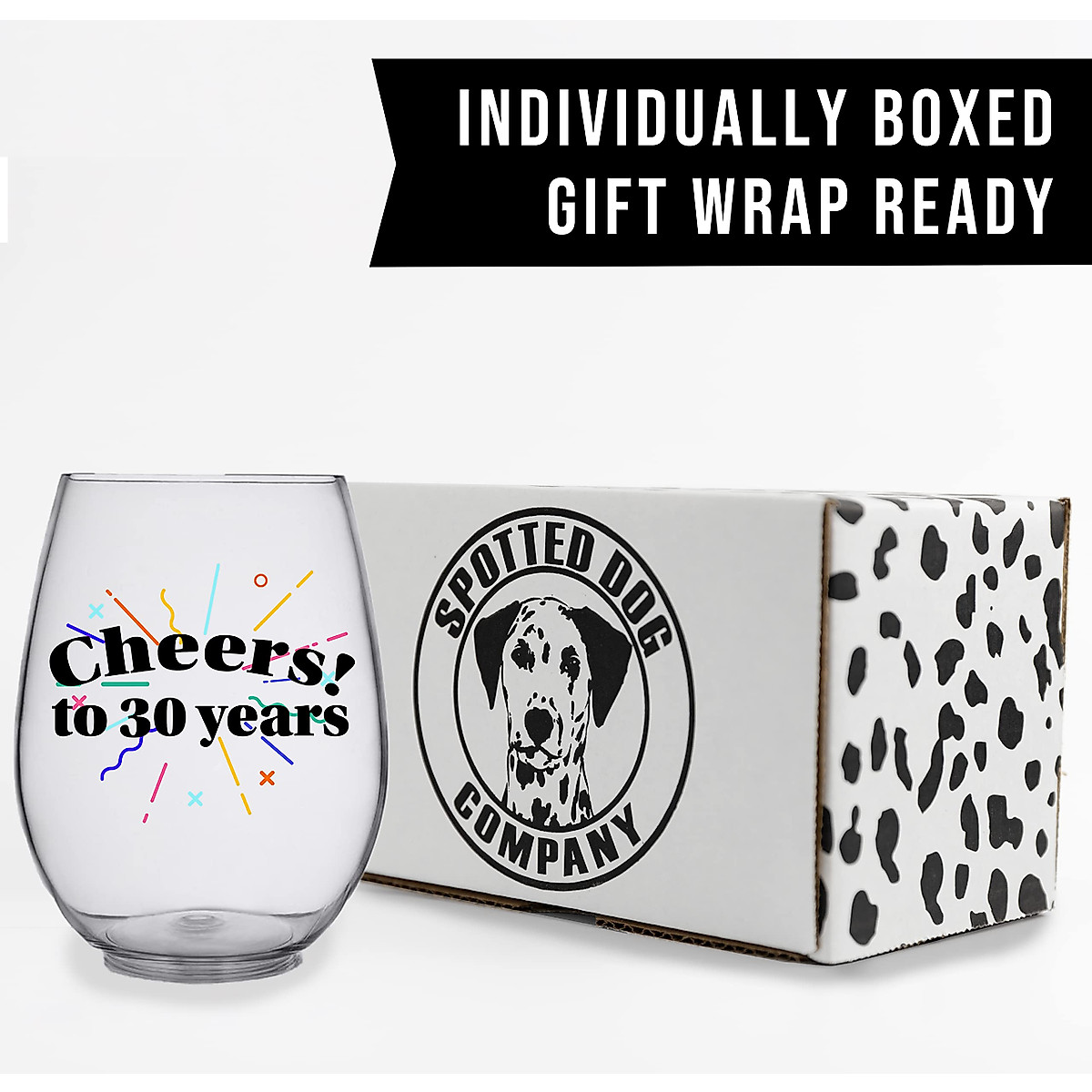 Spotted Dog Company Cheers! To 30 Years, Printed, 17oz Stemless Wine Glass, Happy 30th Birthday Gifts for Him, 30th Birthday Decor, 30th Birthday Decorations, Drinking Wine Glass Cups