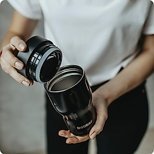 BOBBER - 12 OZ Vacuum Insulated Stainless Steel Portable Travel Coffee Mug With 100% Leakproof Locked Lid (Black Coffee)