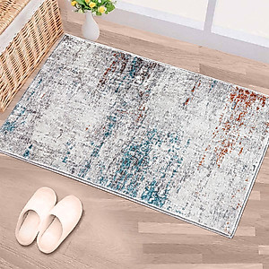 Modern Abstract Area Rug, 2x3 Washable Rugs for Living Room Bedroom Entryway Door mat Dining Room Indoor Accent Rugs, Soft Thin Throw Rug Floor Carpet for Kids Pet (Teal/Ivory/Brown)
