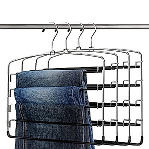 KLEVERISE 2 Pack Pants Hangers Space Saving, 5 Layer Tiered Non-Slip Stainless Steel Pants Hangers, Multi-Tier Pants Organizer Hangers, Swing Arm Space Saver Pants Hangers for Jeans Trousers