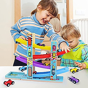 Montessori Toys for Toddlers, Children Race Track Toy with 4 Cars and 1 Wooden Parking Lot, Stable Base, Car Ramp Toy for 1 2 3 Year Old Boy Girl Gifts