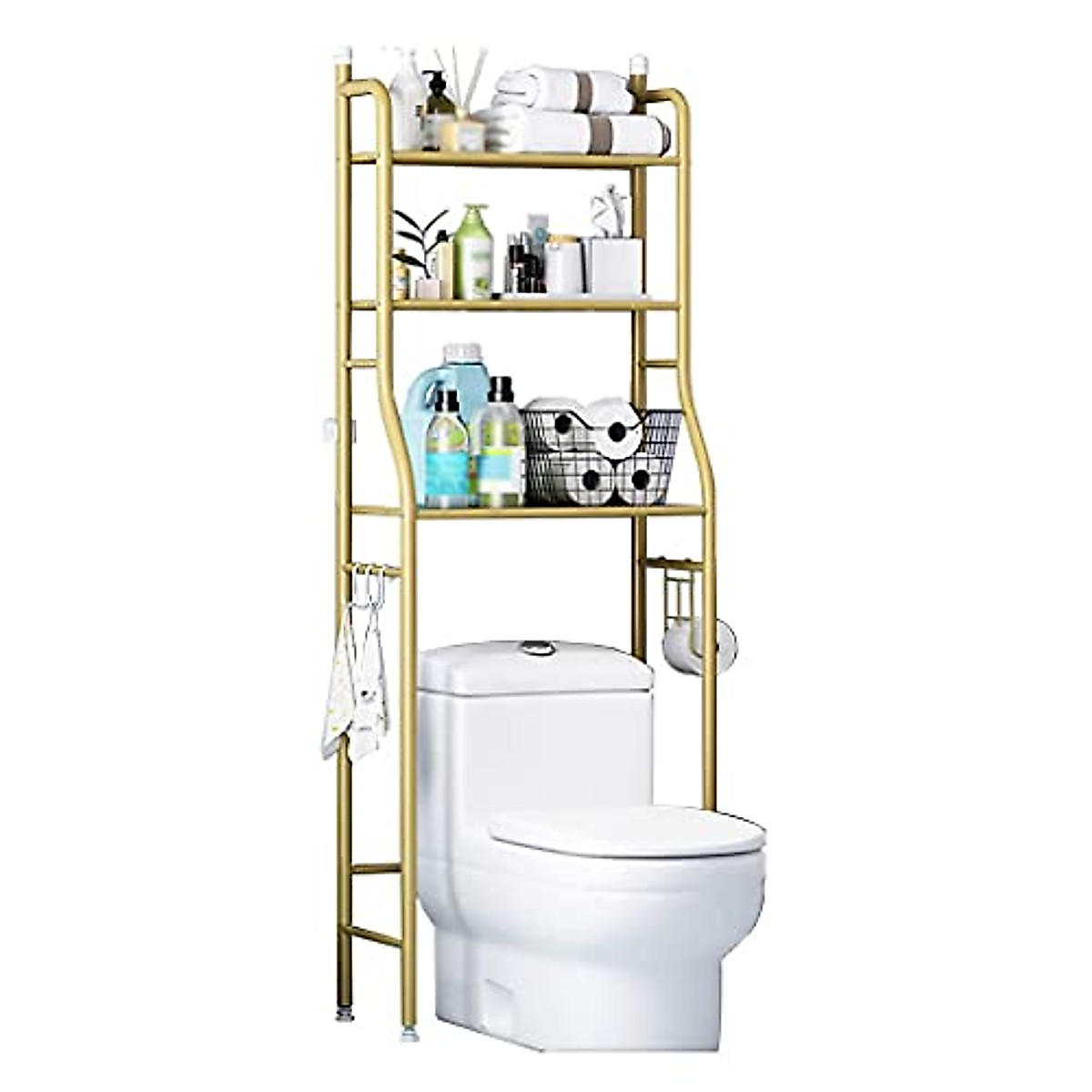Cushion 3Tier Freestanding Bathroom Storage Cabinet, Over The Toilet Shelf Organizer, Adjustable Height Metal Rack, Bathroom Space Saver, Easy To Assembly Storage Shelves, For Bathroom, Kitchen(gold)