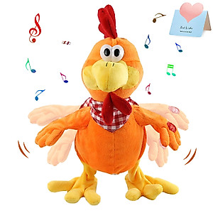 Houwsbaby 15‘’ Electronic Squawking Chicken Toy Chicken Stuffed Animal Interactive Musical Walking Singing Waving Rooster Plush Toy with Bib Gift for Kids Boys Girls Thanksgiving Day