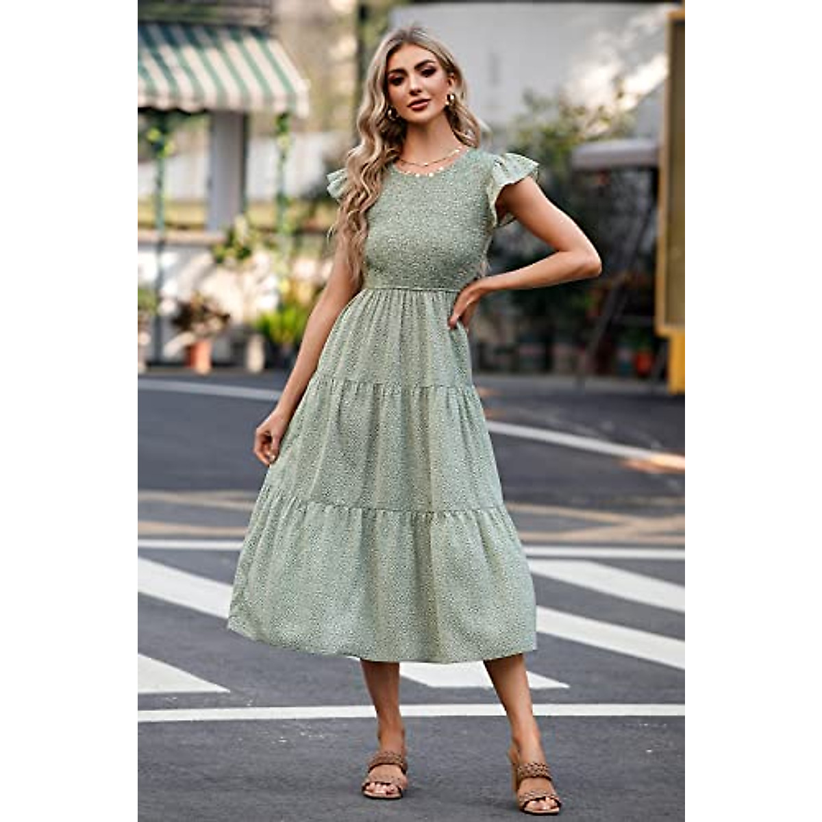 Hount Smocked Bohemian Dresses for Women Plus Size Casual Flowing Summer Modest Beach Dress with Pockets (FL1,XL)