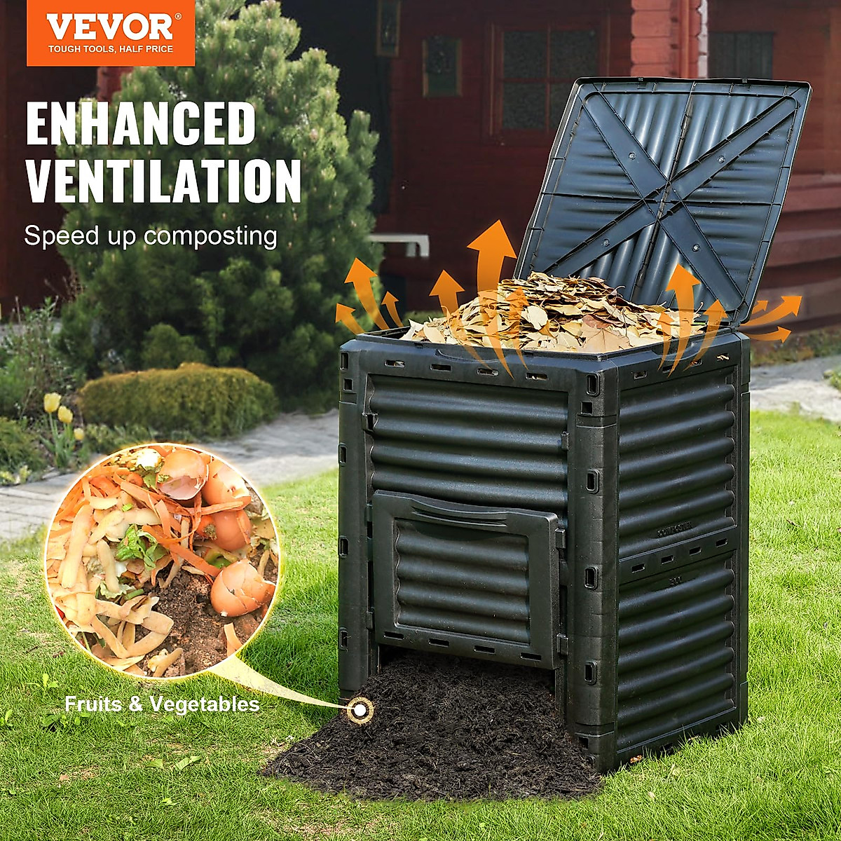 VEVOR Garden Compost Bin 80 Gallon, BPA Free Composter, Large Capacity Outdoor Composting Bin with Top Lid and Bottom Door, Easy Assembling, Lightweight, Fast Creation of Fertile Soil