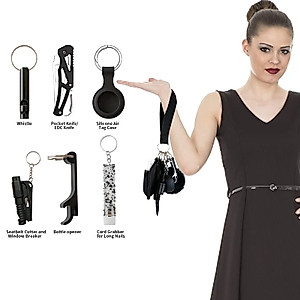 Araafur Leather Wristlet Keychain Set with Personal Alarm and Bottle Opener, Car Keychain Accessories for Women (Black 2)