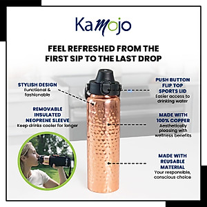 Copper Water Bottle for Drinking - Hammered Pure Copper Water Bottle with Push Button Lid, Removable Sleeve & Copper Straw - Handcrafted Water Bottle Copper Cup 32 fl oz