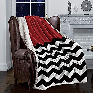 Sherpa Blanket Flannel Fleece Throws Red Black White Zig Zag Ripple,Soft Warm Cozy Fuzzy Throw Blankets Minimalism Modern Art,Shaggy TV Throw for Sofa Couch Bed Camping Travel All Season 50x80In