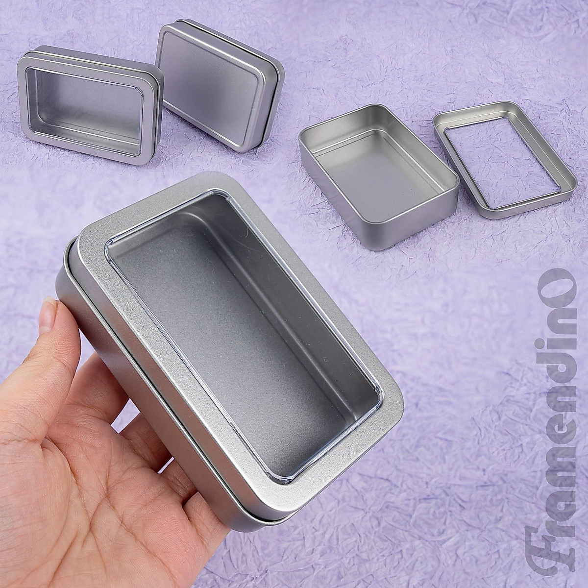 Framendino, 12 Pack Metal Rectangular Storage Organizer Tins with Clear Window Hinged Lids Silver