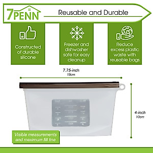 7Penn Silicone Food Storage Bag, 500mL - 1pk Washable 7.75 x 4in Clear Reusable Food Bags for Sandwiches and Snacks
