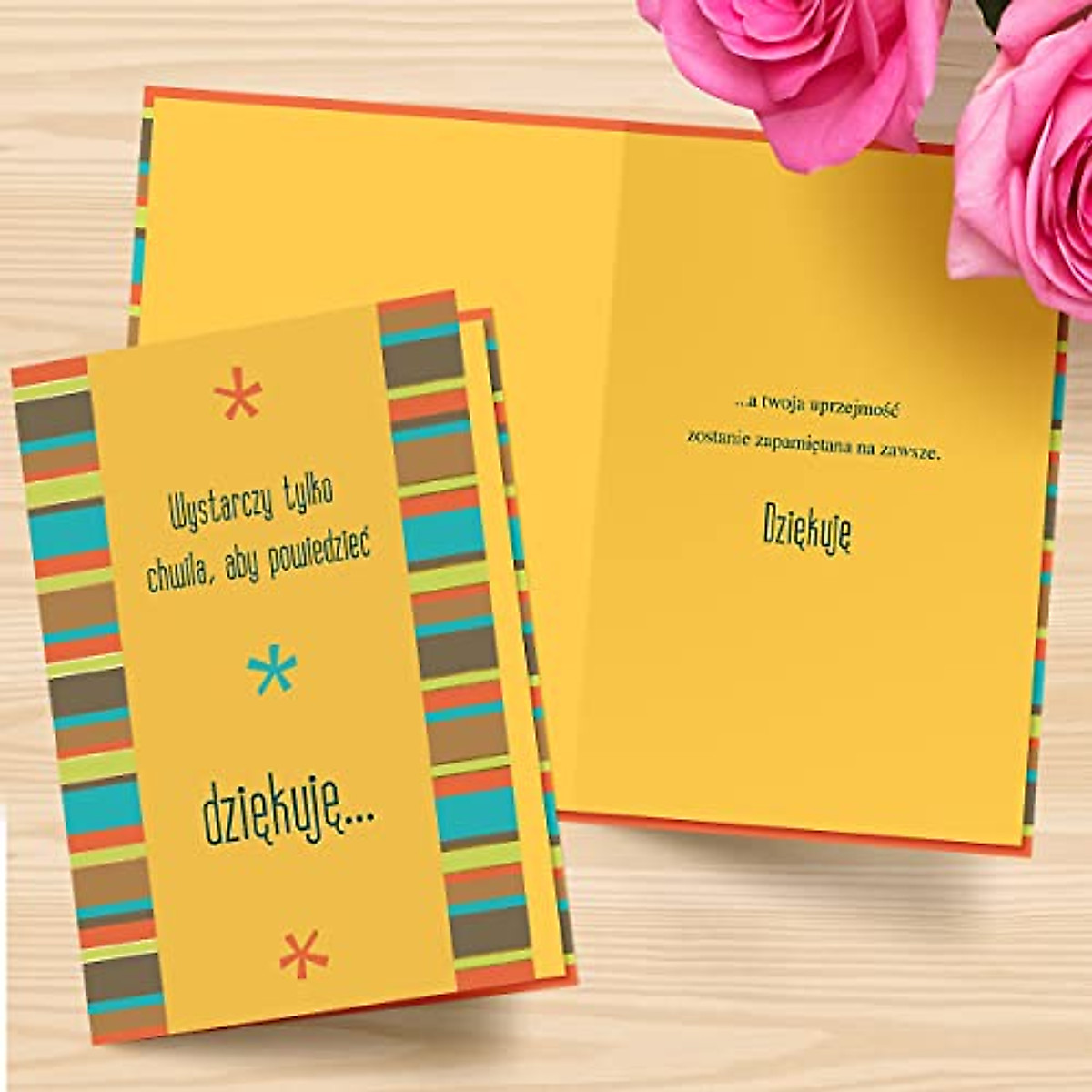 Designer Greetings Polish Language Thank You Cards, “Wystarczy tylko chwila, aby powiedzieć dziękuję” Multicolor Print Design (6 Cards with Envelopes / 6 Karty i Koperty)