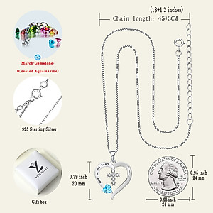 YL Women's Heart Cross Necklace 925 Sterling Silver Created Aquamarine God in my heart'' Pendant Crucifix Jewelry