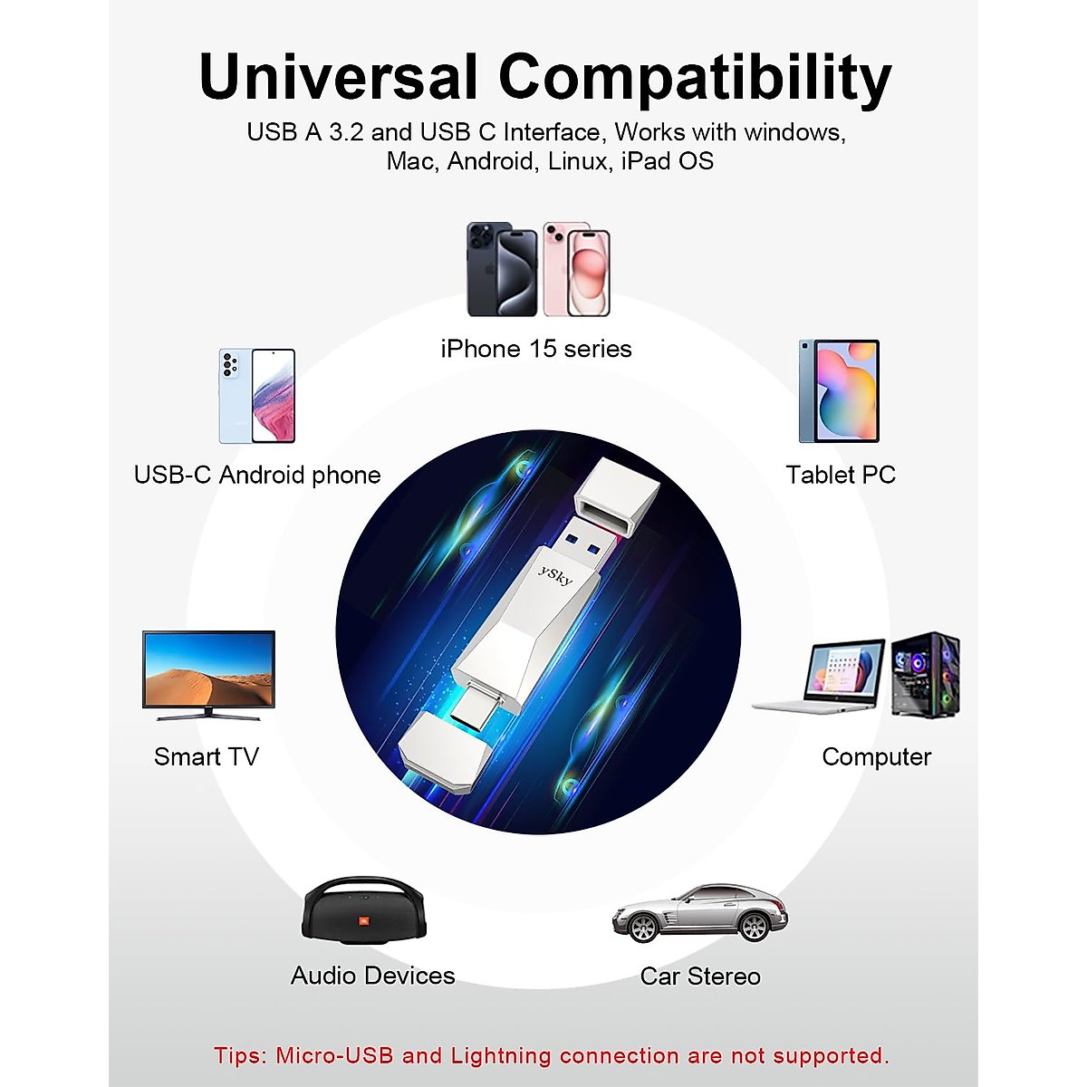 ySky 1TB USB 3.2 SSD Solid State Flash Drive,500MB/s High Speed USB C+ USB A 3.2 Gen2 USB Thumb Drive,2in1 USB C Drive Stick for USB-C iPad/Android Phone,Laptop,Mac,Tablet with Keychain Leather case