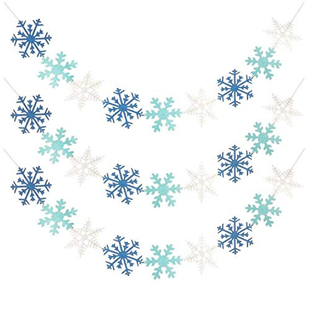 3 Pack Glitter Snowflake Banner Winter Snowflake Garland for Christmas Holiday Themed Party Decor Santa Festive Party Decor Winter Mantle New Year Party Home Decorations, White & Blue & Light Blue