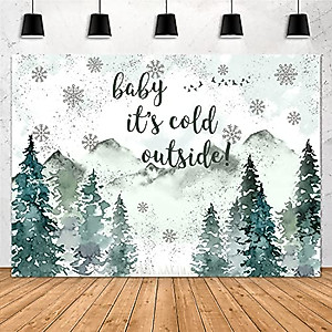 Aperturee Winter Mountain Baby Shower Backdrop 7x5ft Baby It's Cold Outside Decorations Banner Snow Forest Snowflake Photography Background Woodland Adventure Gender Neutral Party Supplies