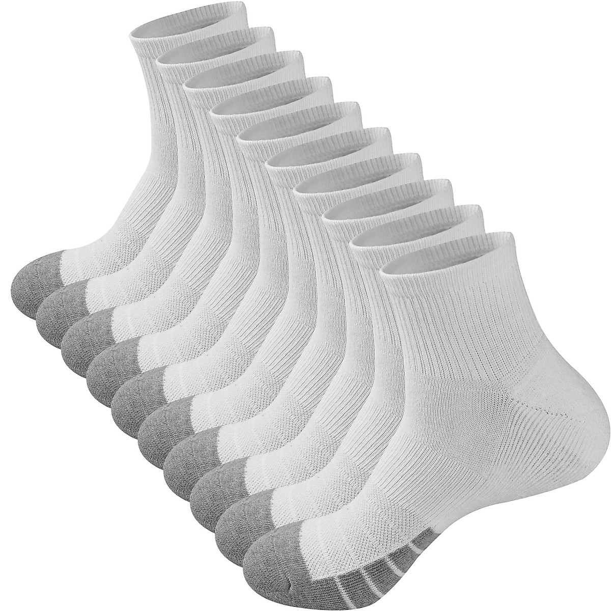 GKX Men's 10 Pairs Cotton Moisture Wicking Cushioned Sole Preformance Training Running AthleticWorkout Low Cut Socks(White 10P)