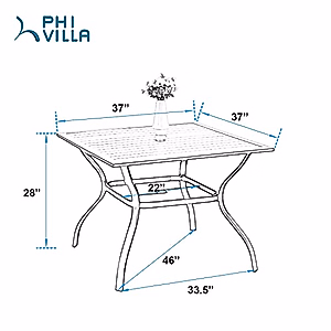 PHI VILLA 37" Patio Table for 4, Metal Outdoor Dining Table with E-Coating, Square Steel Slated Outdoor Table with 1.57" Umbrella Hole for Garden Backyard, Black