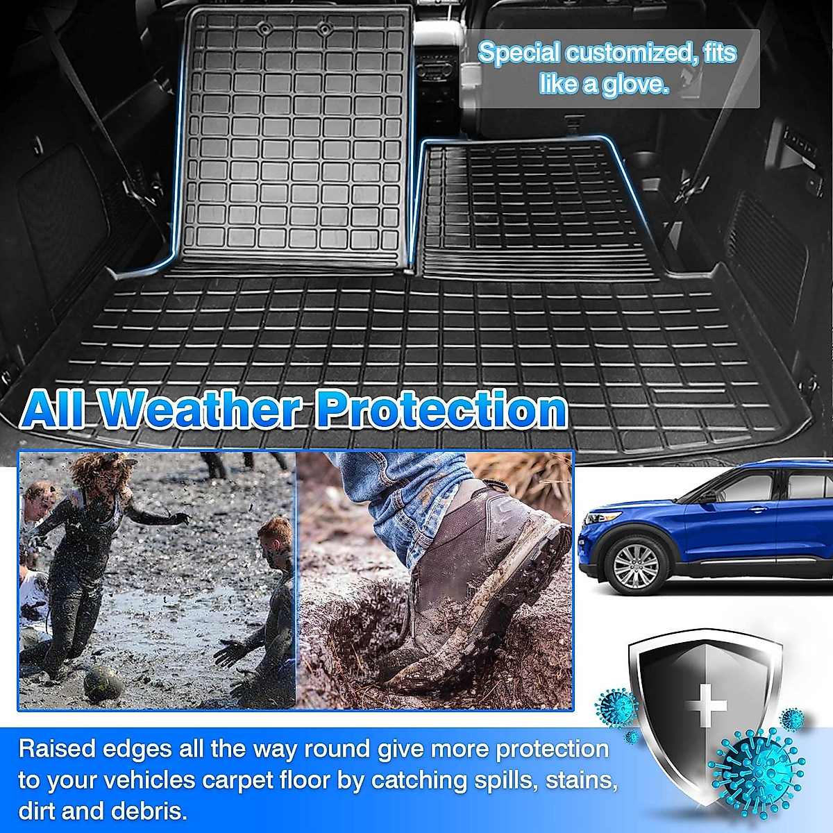 Cartist Cargo Liner Fits for Ford Explorer 2020-2024 2025 (6&7 Passenger) Accessories All Weather Trunk Liner for Explorer Behind 2nd Row (Trunk Mat with Backrest Mat)