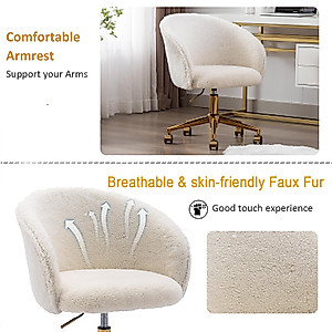 White Modern Faux Fur Home Office Chair, Upholstered Round Fluffy Chair Makeup Vanity Chair for Teen Girls Swivel Desk Chair with Gold Base, 3'' Adjustable Height Leisure Elegant Office Chair