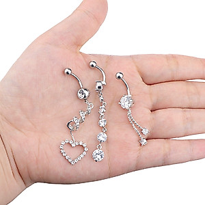 FUNRUN JEWELRY 8PCS 14 G Stainless Steel Dangle Belly Button Ring Navel Piercing Clear CZ Inlay Body Piercing Jewelry Barbell Silver Tone