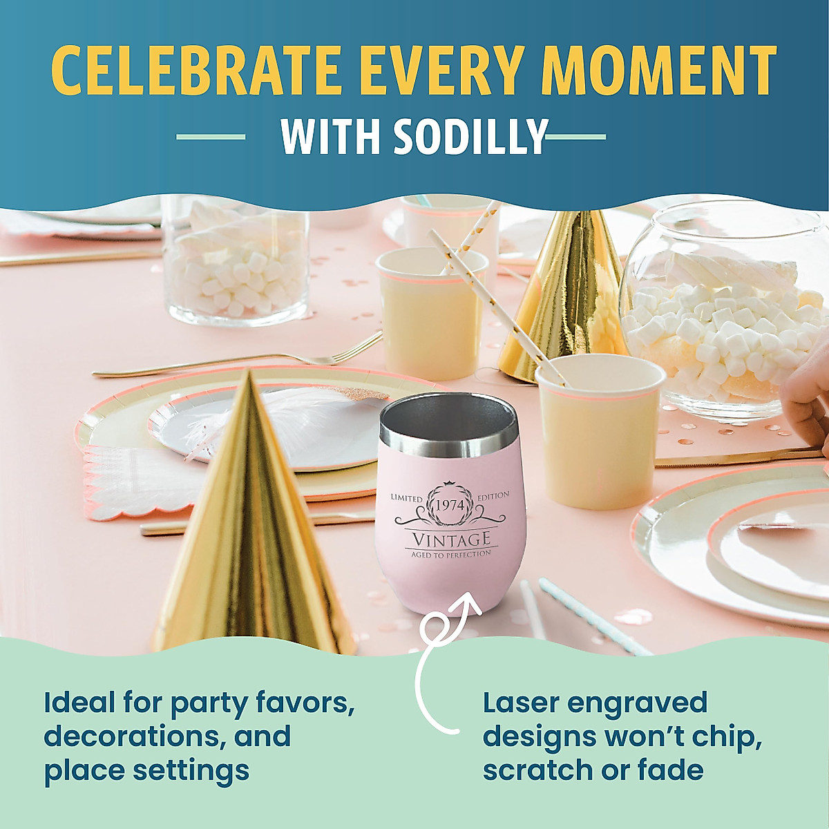 Sodilly 50th Birthday Gifts for Women, Vintage 1974 Stemless Wine Tumblers for Women, Wife, Mom, Friends, Sister, Turning 50 and Fabulous Birthday Gifts Wine Tumbler, 12oz Blush
