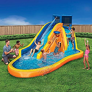 BANZAI Inflatable Water Slide Park - Huge Kids Pool (14' Long by 8' High) with Built in Sprinkler Wave and Hoop - Heavy Duty Outdoor Aqua Blast Lagoon - Blower Included - Inflates in Minutes