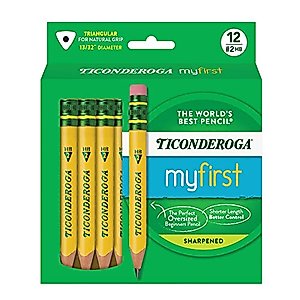 Ticonderoga My First Short Triangular Wood-Cased Pencils, 2 HB Soft, With Erasers, Yellow, 12 Count