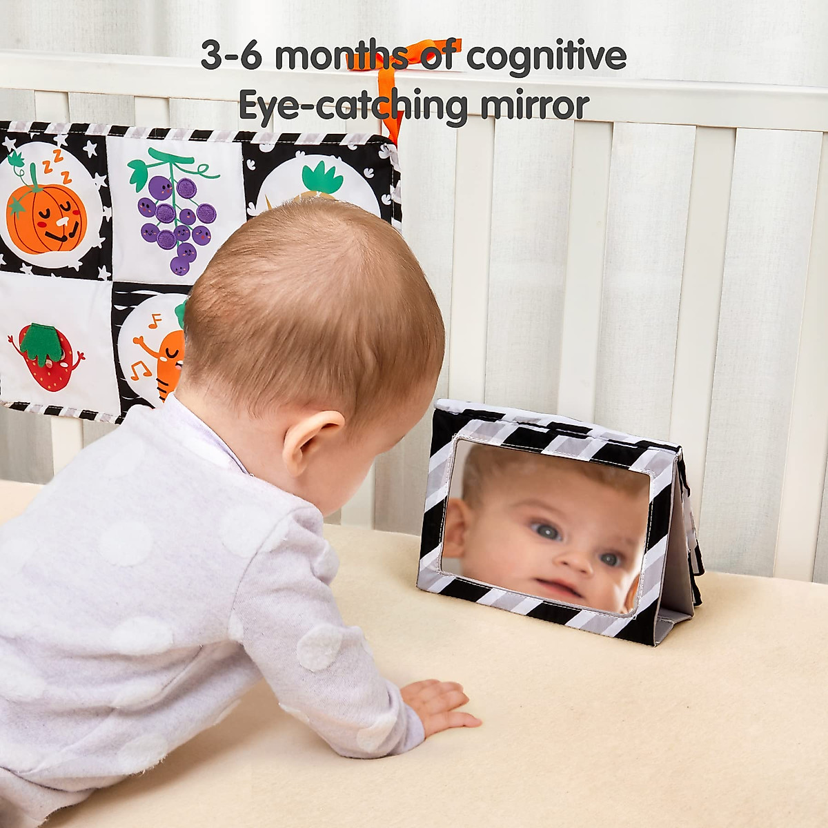 TUMAMA Baby Crib Black White Hanging Toy, Soft Cloth Shape Book, Crib Play Mats High Contrast Double Sides, Floor Mirror Books Letters Numbers Animals for Baby 0 3 6 9 12 Months