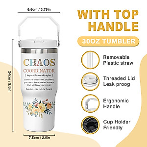 Chaos Coordinator Tumbler Gifts for Women Boss Lady-Coworker Gifts 30oz Insulated Tumblers with Handle,Leak-Proof Lid and Straw,Travel Coffee Mug,Stainless Steel Water Bottle