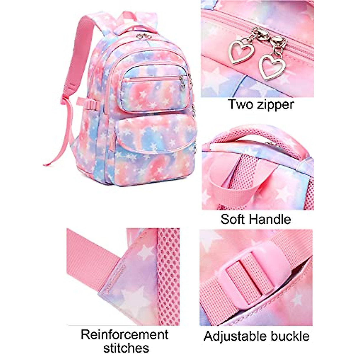 JiaYou School Backpack Sets 3pcs Stars Prints Daypack For Teens Girls Primary School Students(Pink Stars,22 Liters)