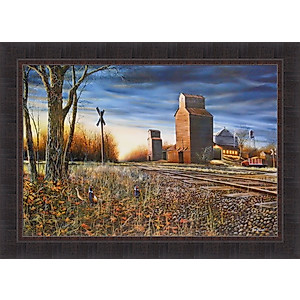 The Harvest Season by Jim Hansel 24x33 Pheasants Railroad Tracks Grain Elevator Framed Art Print Wall Décor Picture