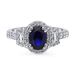BERRICLE Sterling Silver 3-Stone Simulated Blue Sapphire Oval Cut Cubic Zirconia CZ Halo Fashion Ring for Women, Rhodium Plated Size 8.5