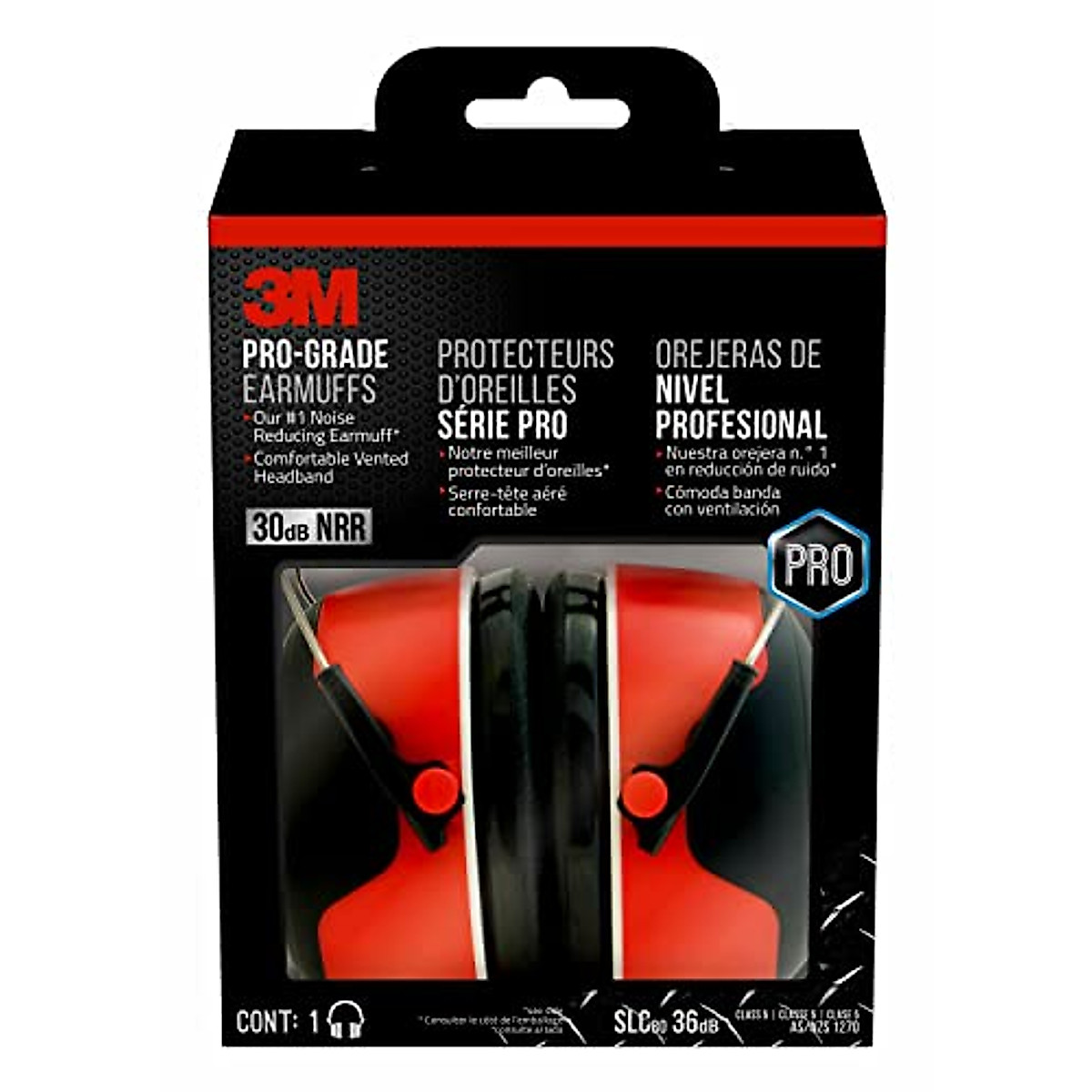 3M Pro-Grade Noise-Reducing Earmuff, NRR 30 dB, Lightweight and Adjustable, Black, One Size