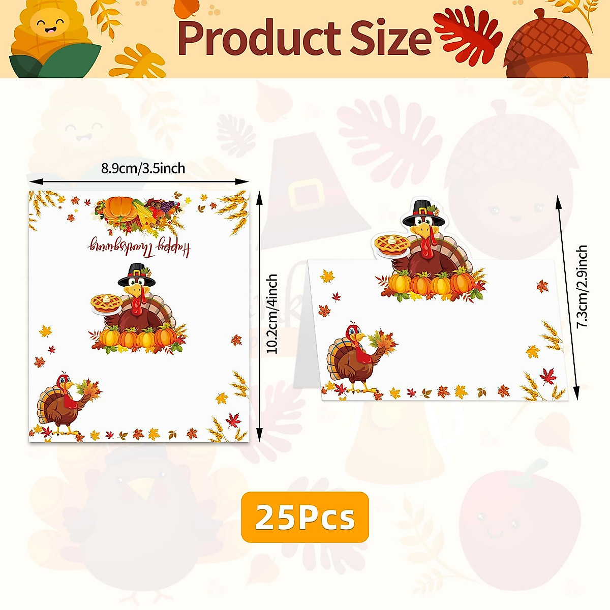 25 PCS Thanksgiving Table Place Cards, 3.5 x 2 Inch Turkey Themed Tent Place Cards for Table Setting, Festive Thanksgiving Day Name Cards, Autumn Fall Harvest Design for Holiday Dinner Party Supplies