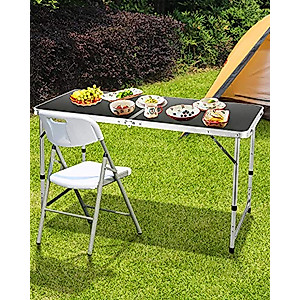 FiveJoy Folding Camping Table, 4 FT Aluminum Height Adjustable Lightweight Desk Portable Handle, Top Weatherproof and Rust Resistant Table for Outdoor Picnic Beach Backyard, 47" x 24",Black