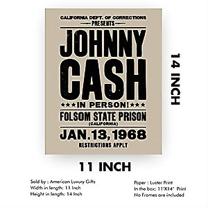 "Johnny Cash-In Person-Folsom State Prison"-Country Music Wall Art -11 x 14" Vintage Replica Sign Print-Ready to Frame. Rustic Decor for Home-Studio-Bar-Dorm-Cave. Great Gift! Printed on Photo Paper.