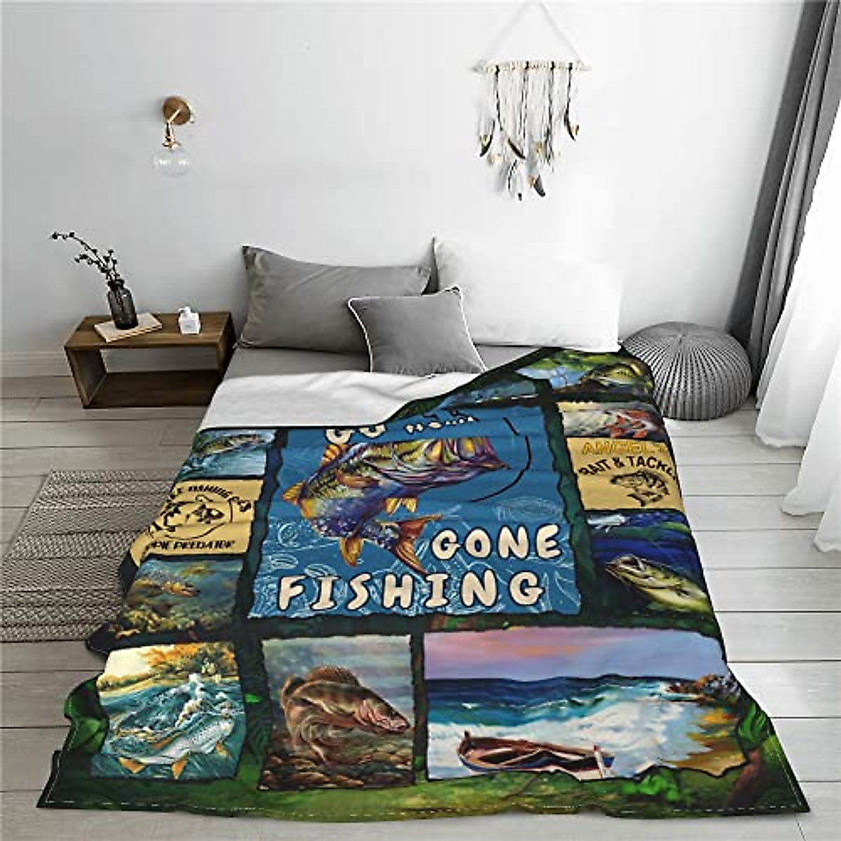 Socofuz Fish Blanket, Fish Blankets Throws Fishing Blanket, Gift for Fishing Lover, Fish Hunter Gift for Men Boy Dad, Super Soft Flannel Blanket for All Seasons 50x60 inches