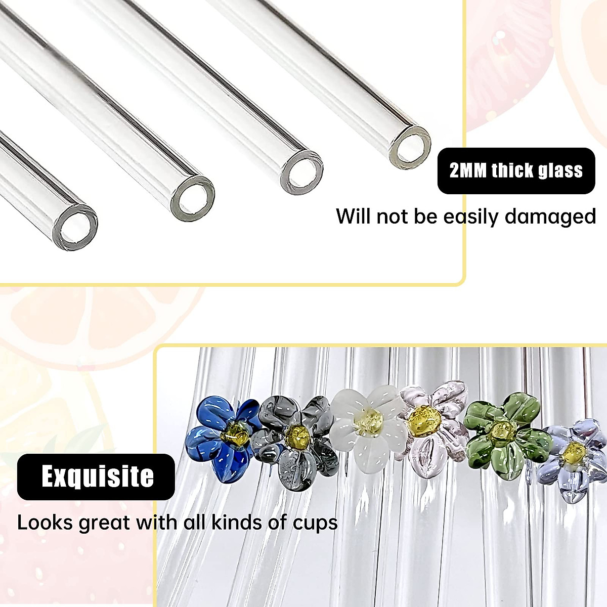6pcs Glass Straws Shatter Resistant, Colorful Flower Glass Straws with Design,7.9in X 8 mm Bend Glass Reusable Straw with 2 Cleaning Brushes for Smoothies, Milkshakes, Juices, Teas(Transparent)