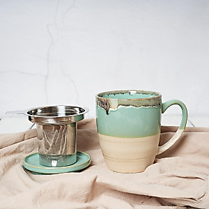 Bosmarlin Ceramic Tea Cup with Infuser and Lid, 16 Oz, Dishwasher and Microwave Safe, 5 Colors to Choose, Reactive Glaze, Steeping Tea Mug with Strainer (Green)