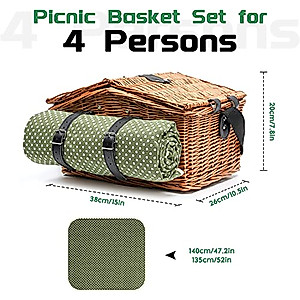 Picnic Basket for 4, Willow Picnic Basket Set with Insulated Cooler Compartment, Waterproof Blanket and Cutlery Service Kit for Camping, Outdoor