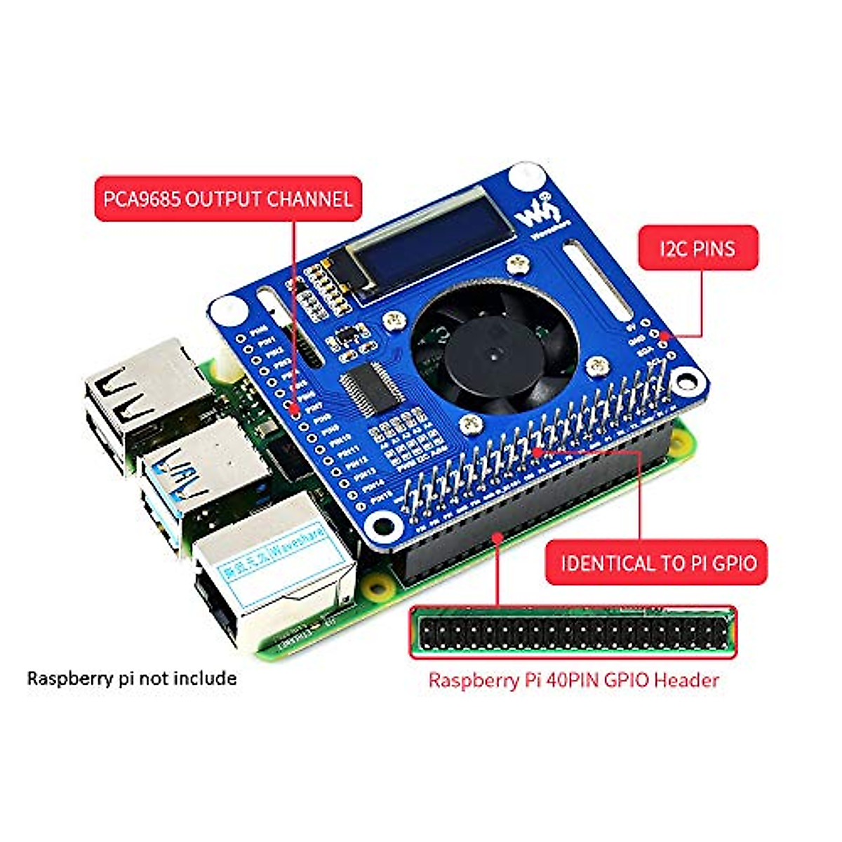 Coolwell Waveshare PWM Controlled Fan HAT for Raspberry Pi I2C Bus PCA9685 Driver with Real Time Temperature Monitor Auto Adjustment Up to 16-Ch PWM Output